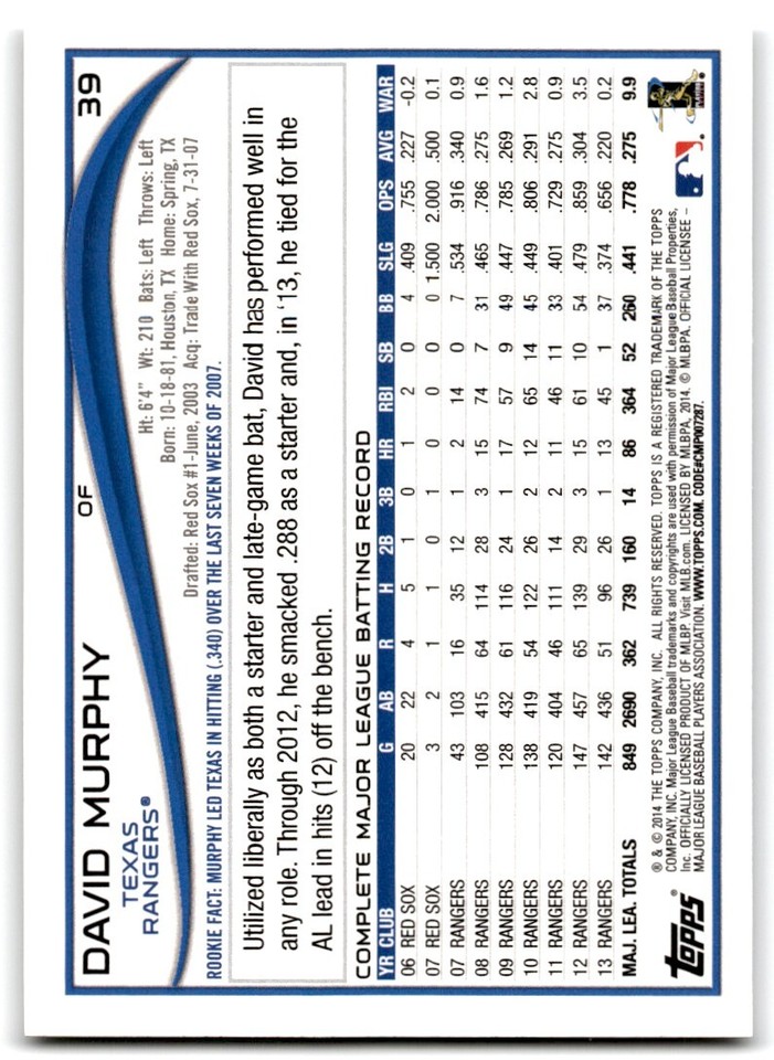 2014 Topps David Murphy Baseball Card #39 | eBay
