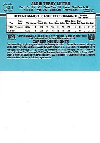Al Leiter 1988 Donruss Baseball Rated Rookie Card #43 New York Yankees ...