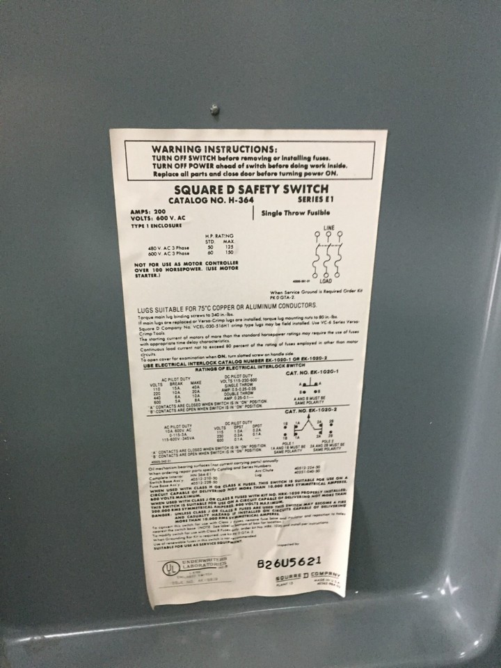 SQUARE D H364 200 AMP 600 VOLT 3 PHASE FUSED INDOOR DISCONNECT..D-1672 ...