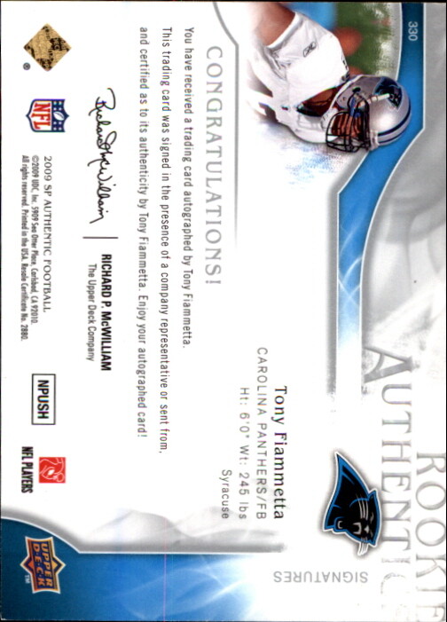 2009 SP Authentic #330 Tony Fiammetta RC Autograph Auto Rookie Card ...