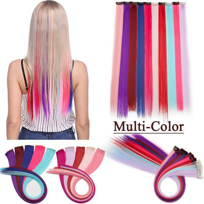 US Colored Clip In Hair Extensions Highlight Streaks Natural Curly Wavy ...