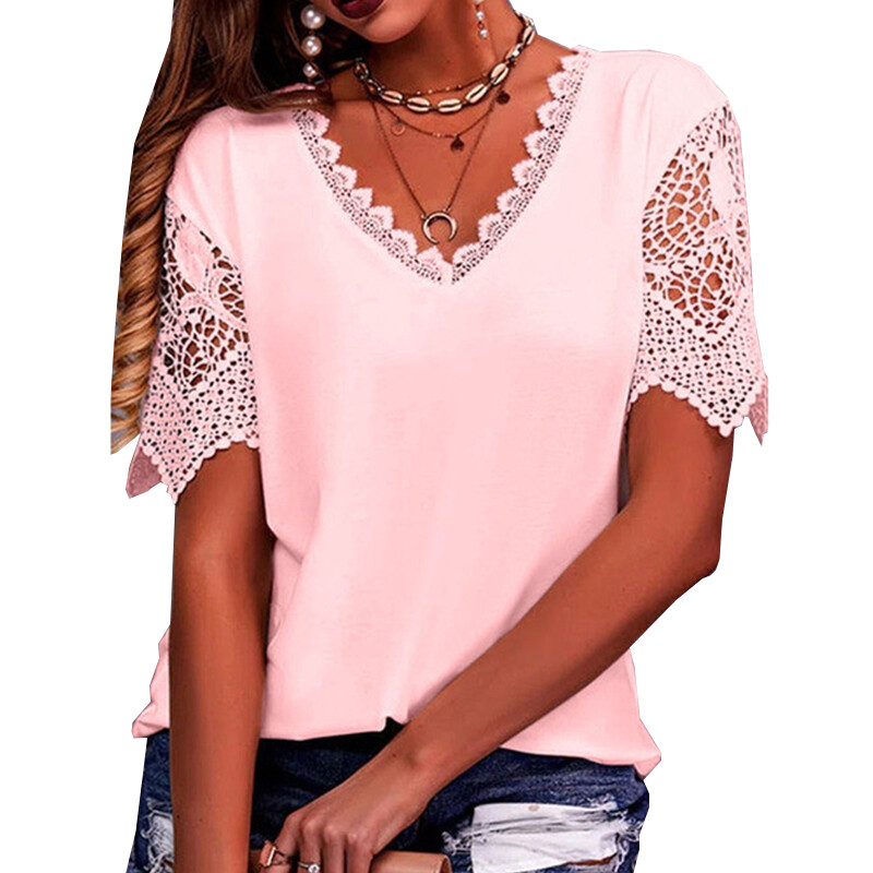 Womens Plain Lace Blouse Tee Plus Size Ladies Summer Short Sleeve T ...
