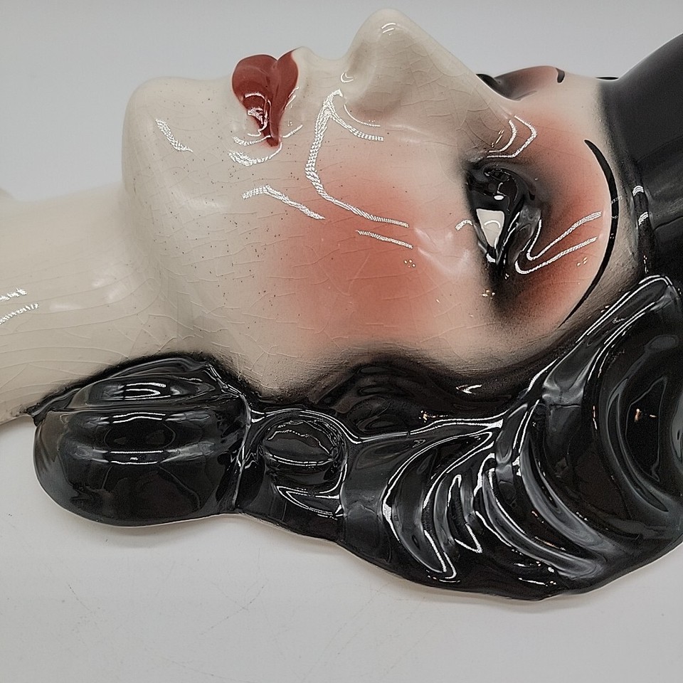 Lot of 2 Ceramic Lady Wall Art Black Hair Hat Neck Clay Art Made in USA ...