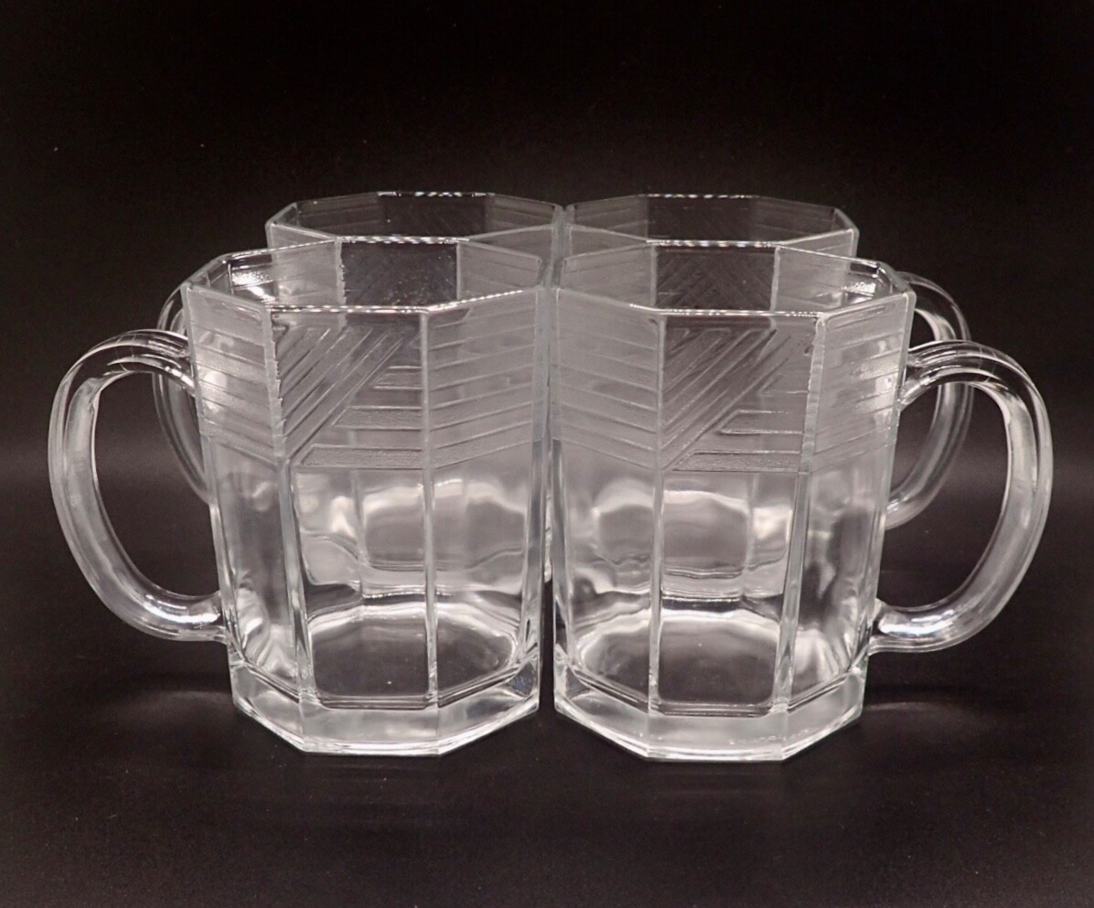 Vintage set 4 Arcoroc Glass Mugs Octime Octagon Clear Art Deco ...