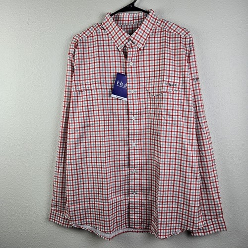 NEW Men's L HUK Performance Fishing Red Vented Breathable Plaid Button ...