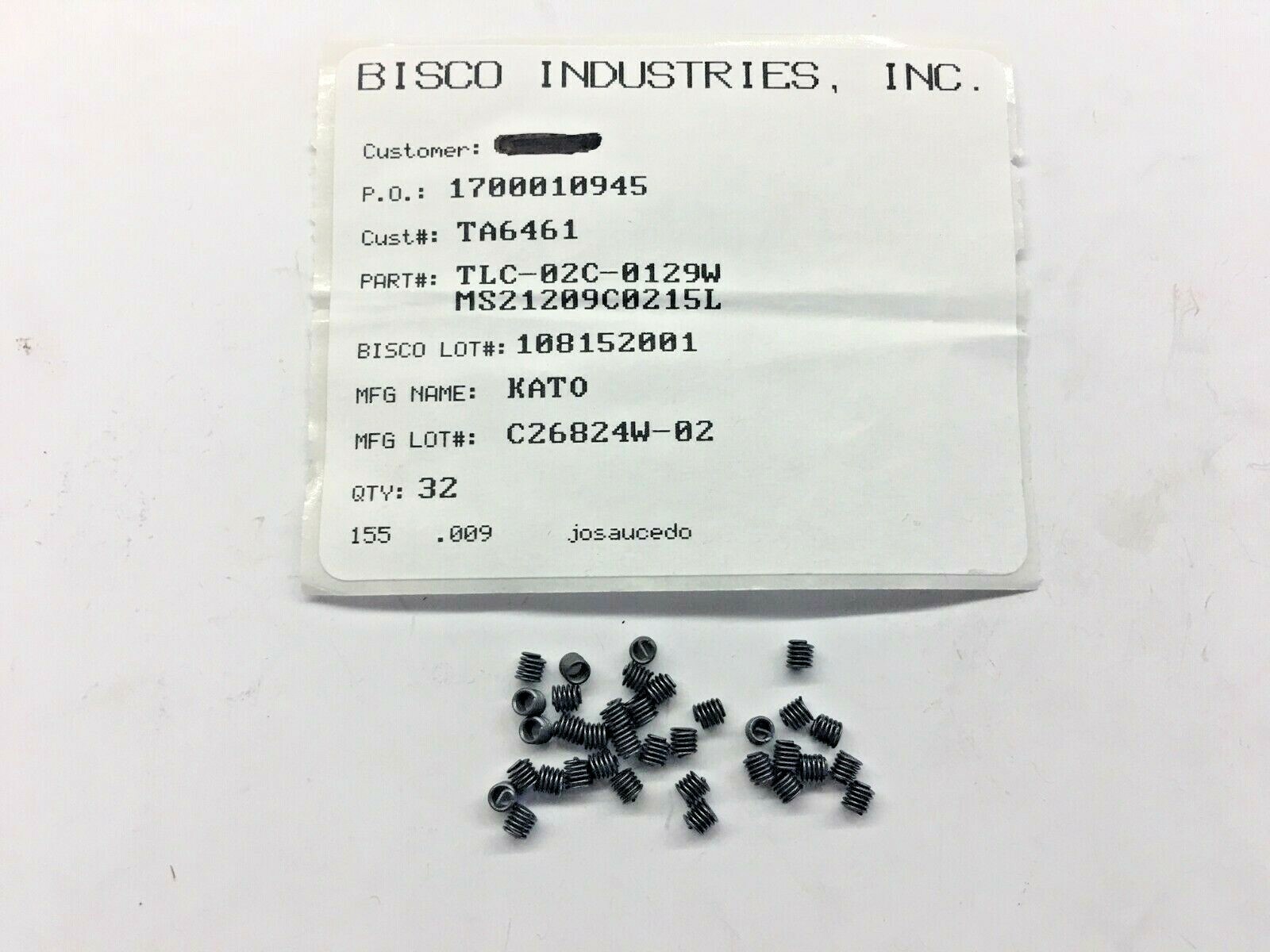 (35 PIECE LOT) MS21209-C0215L, Screw Thread Insert, length: 0.129 ...