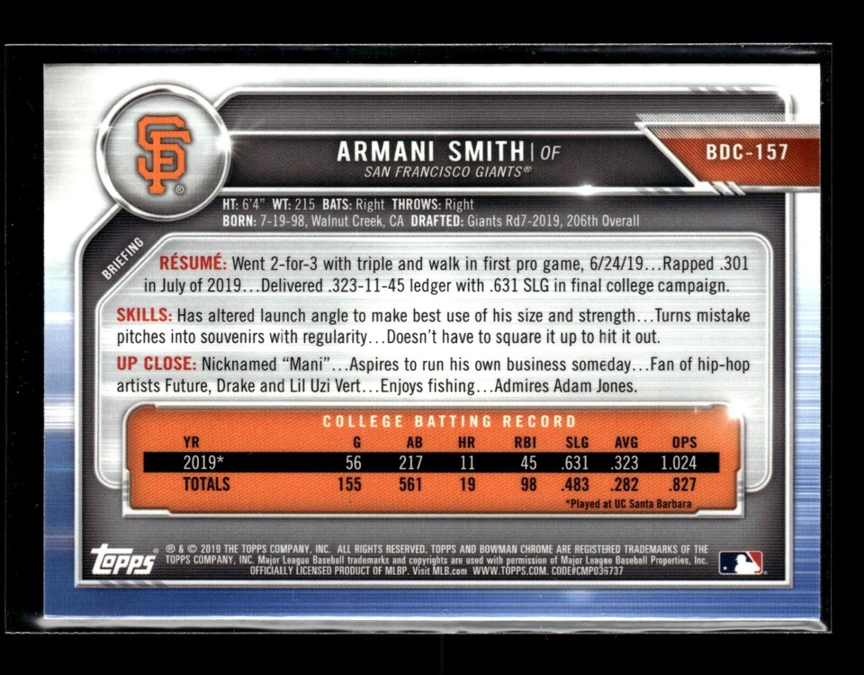 ARMANI SMITH ⚾ 2019 Bowman Chrome Draft #BDC-157 San Francisco Giants ...