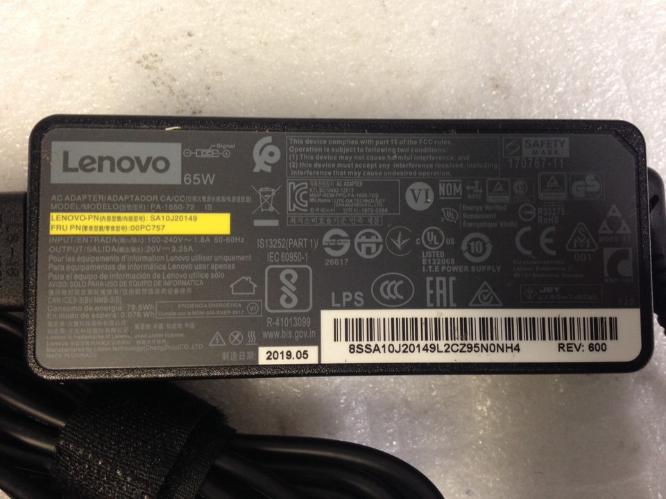 Lenovo PA-1650-72 ,FRU PN: 00PC757 65W Slim Tip Laptop AC Adapter/Power ...