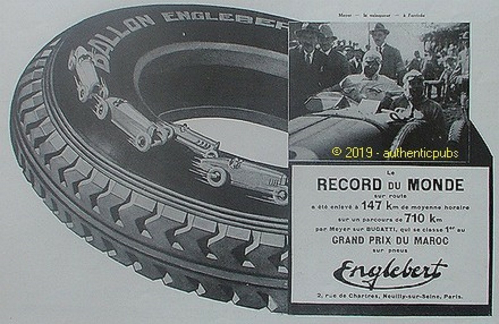 PUBLICITE ENGLEBERT PNEU GRAND PRIX DU MAROC MEYER VAINQUEUR DE 1928 ...