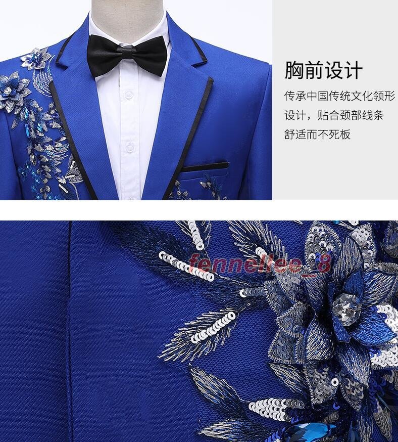 Men's 3D Sequin Floral Blazer Jacket Pants Wedding Suit Coat Host Stage ...