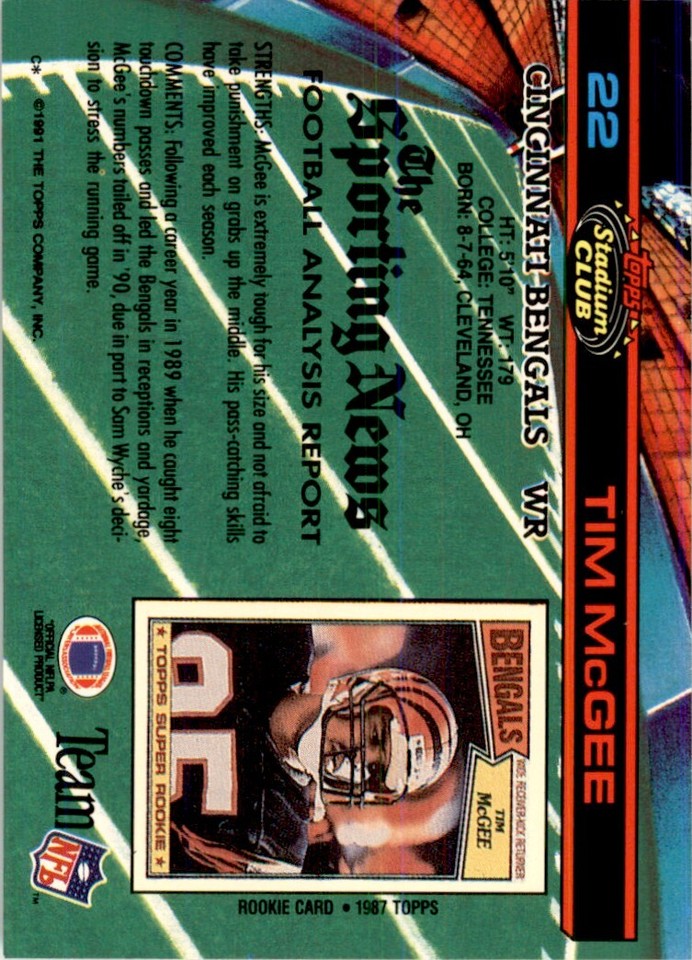1991 Stadium Club Tim McGee . Cincinnati Bengals #22 | eBay