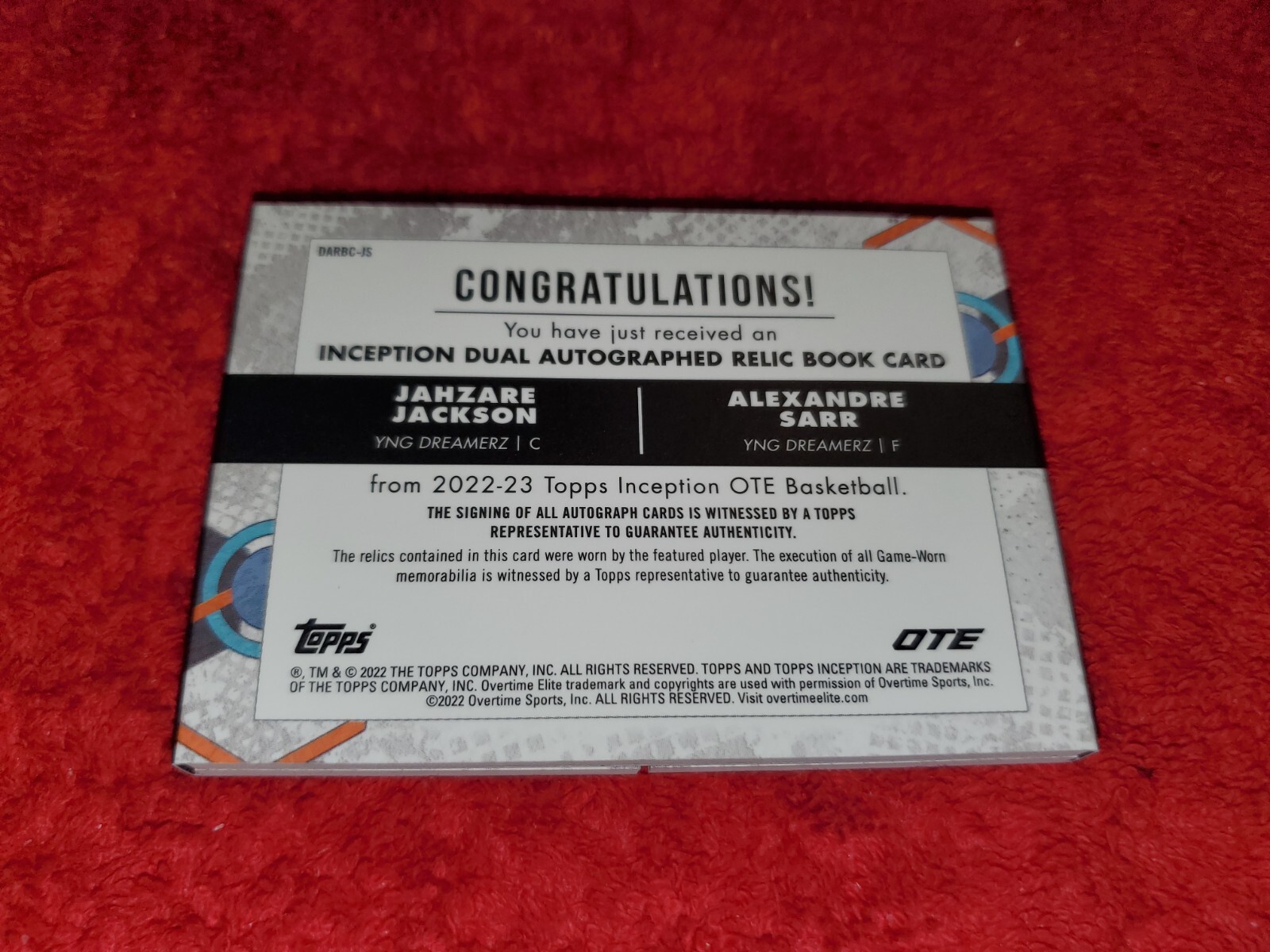 2023 TOPPS INCEPTION OTE DUAL AUTO RELIC BOOK ALEX SARR / JAH JACKSON 1 ...