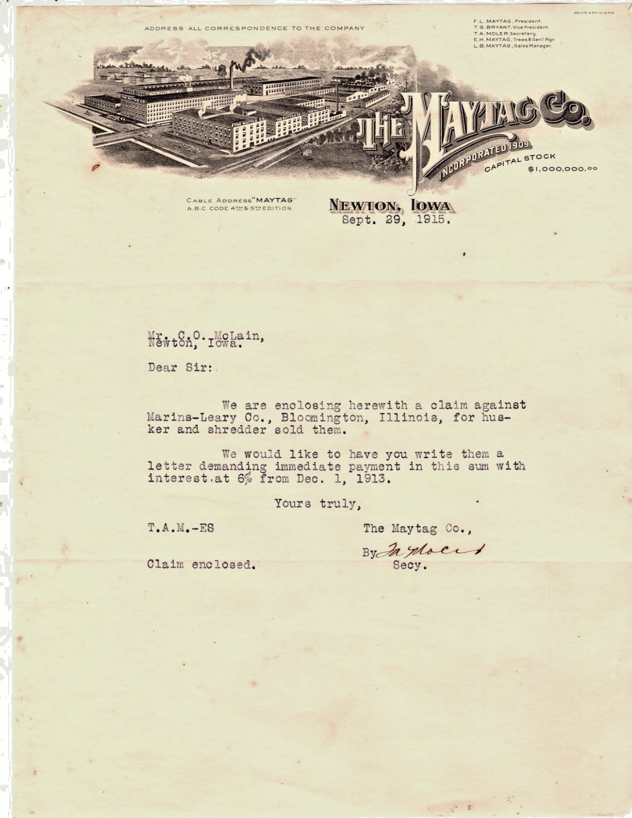1915 Maytag Company Letterhead Newton Iowa Hand Signed by T A Moler | eBay