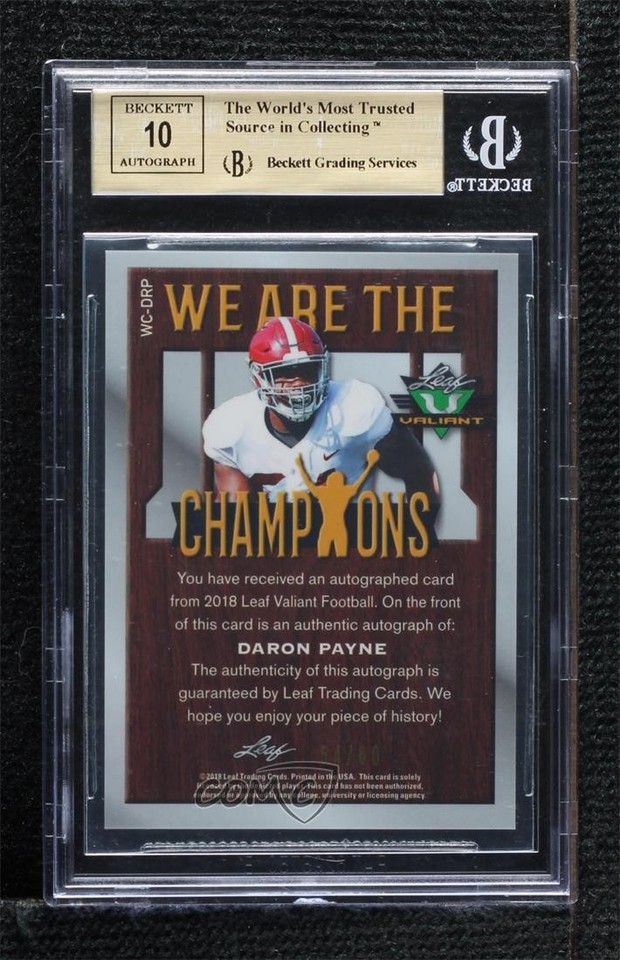 2018 Leaf Valiant Green /60 Daron Payne #WC-DRP BGS 9.5 GEM MINT Rookie ...