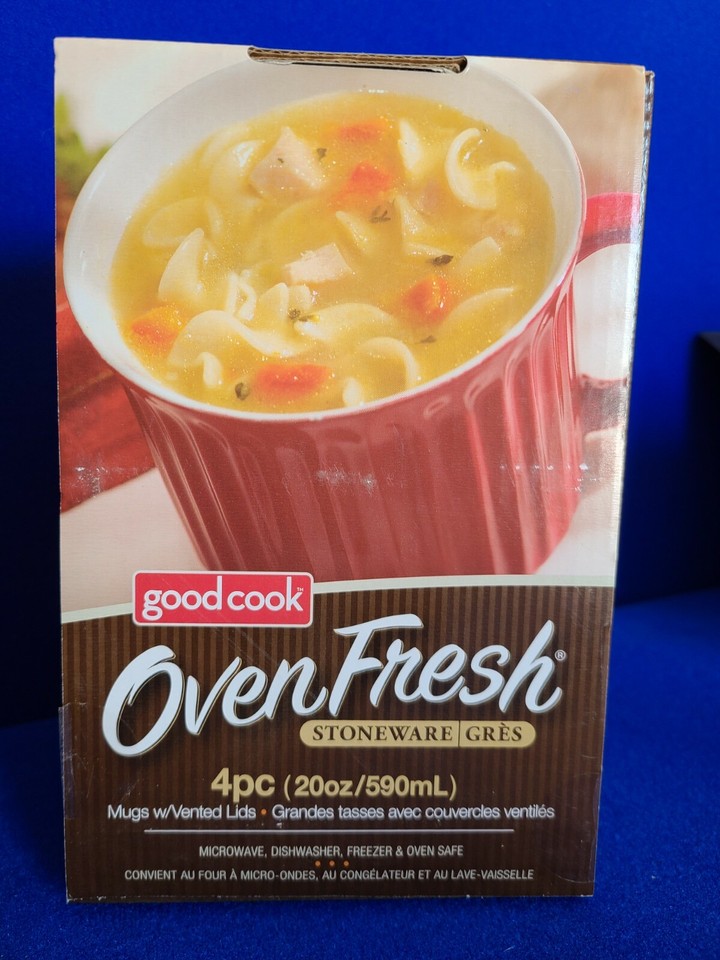 New Good Cook Oven Fresh Stoneware 2 qty 20 oz Mugs w/ Vented Lids Free ...