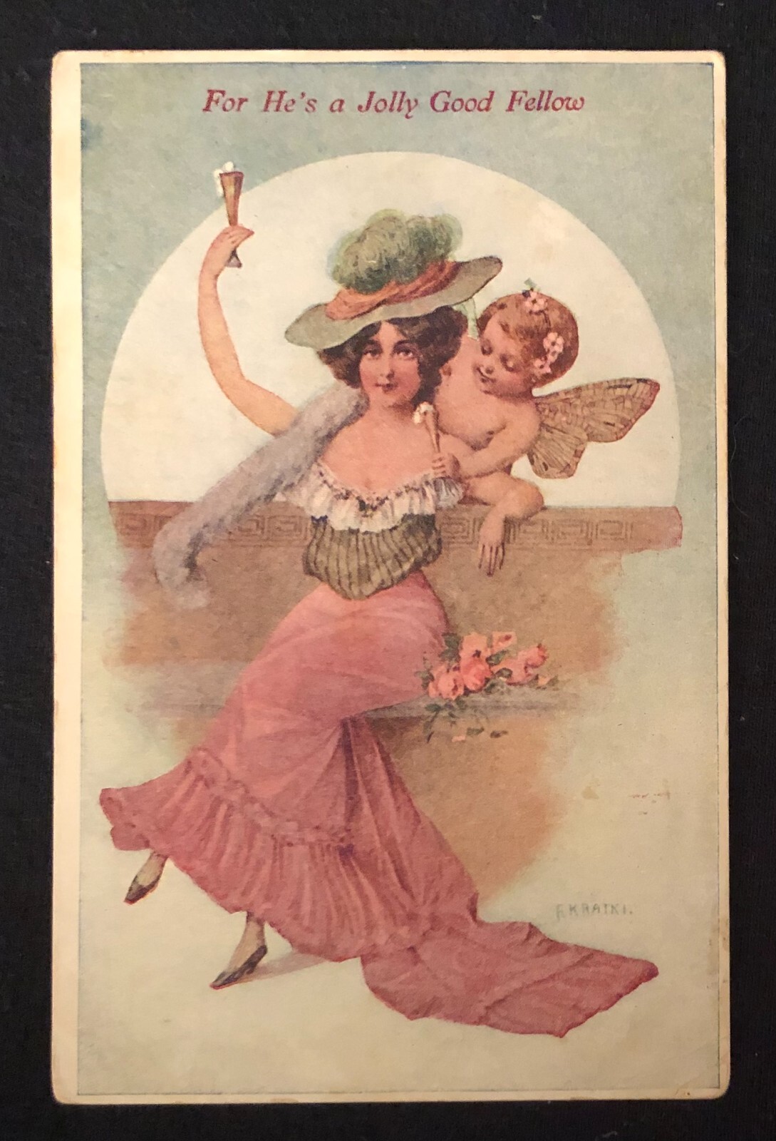 c1910 Valentine "For He's a Jolly Good Fellow" Lady Vintage Color Post ...