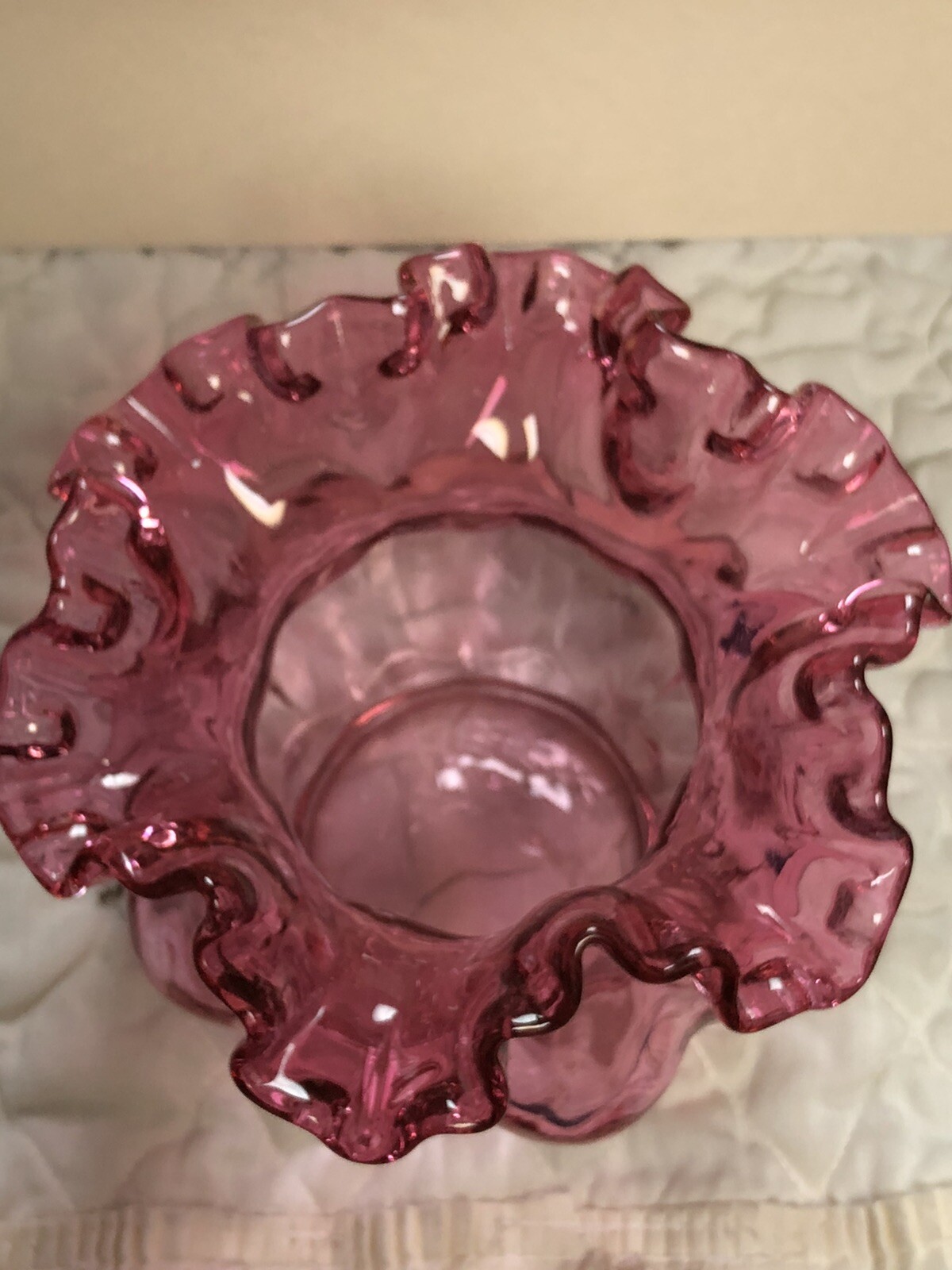 Fenton Diamond Optic Ruby Overlay Double Crimped Melon Vase circa 1940 ...
