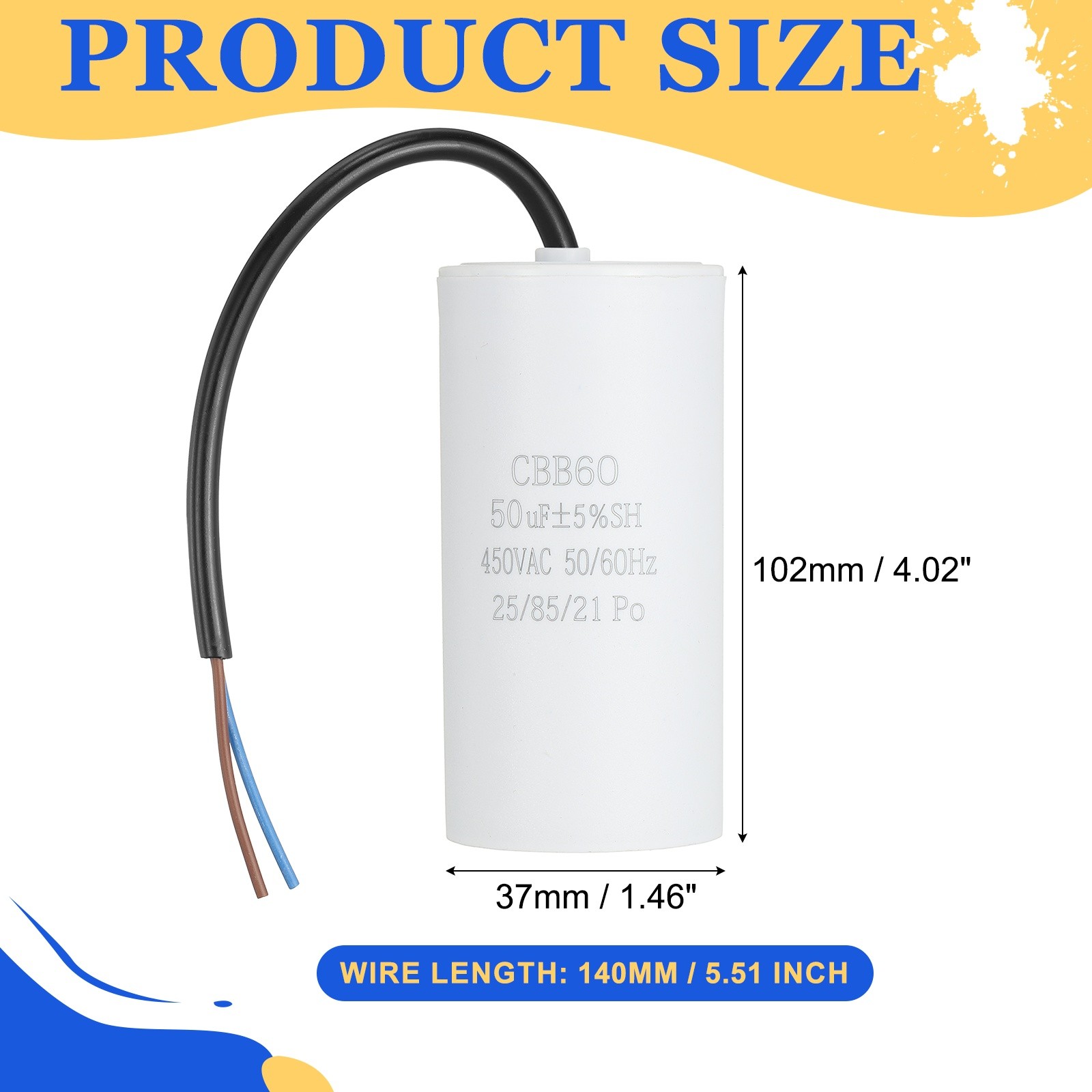 CBB60 Run Capacitor 50uf 450V AC 2 Wires 50/60Hz Cylinder 102x37mm ...