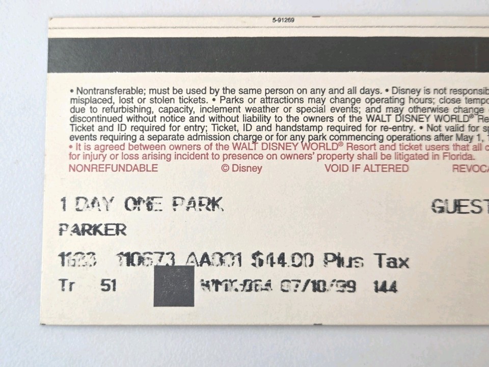 LOT OF TWO 1999 WALT DISNEY WORLD ONE DAY 1 PARK TICKETS EXCELLENT COND ...