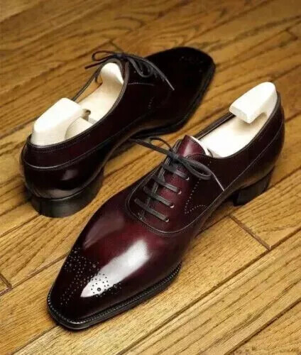 New Mens Handmade Burnished Burgundy Leather Oxford Brogue Lace Up ...