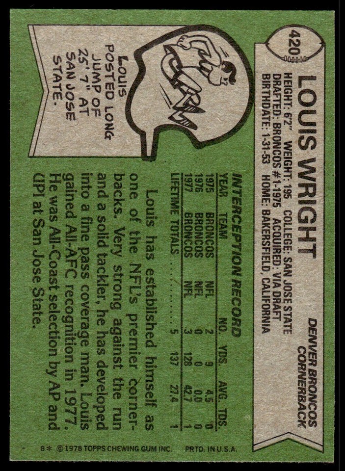 1978 TOPPS LOUIS WRIGHT B RC DENVER BRONCOS #420 | eBay