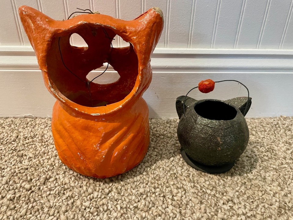 Vintage Halloween Paper Mache Screaming Cat On Fence & Black Cat | eBay