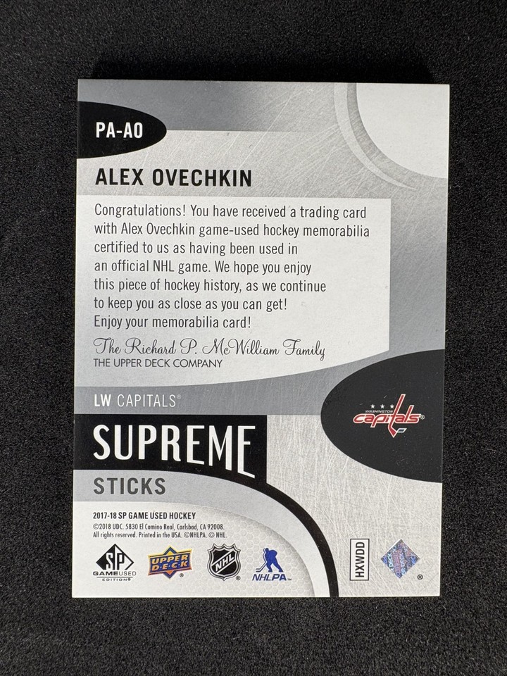 Alex Ovechkin 2017-18 UD SP Game Used Stick Supreme Sticks 14/15 PUCK ...