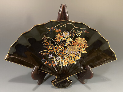 Shibata Japan Japanese Black Porcelain fan Shape Tray Dragonflies ...