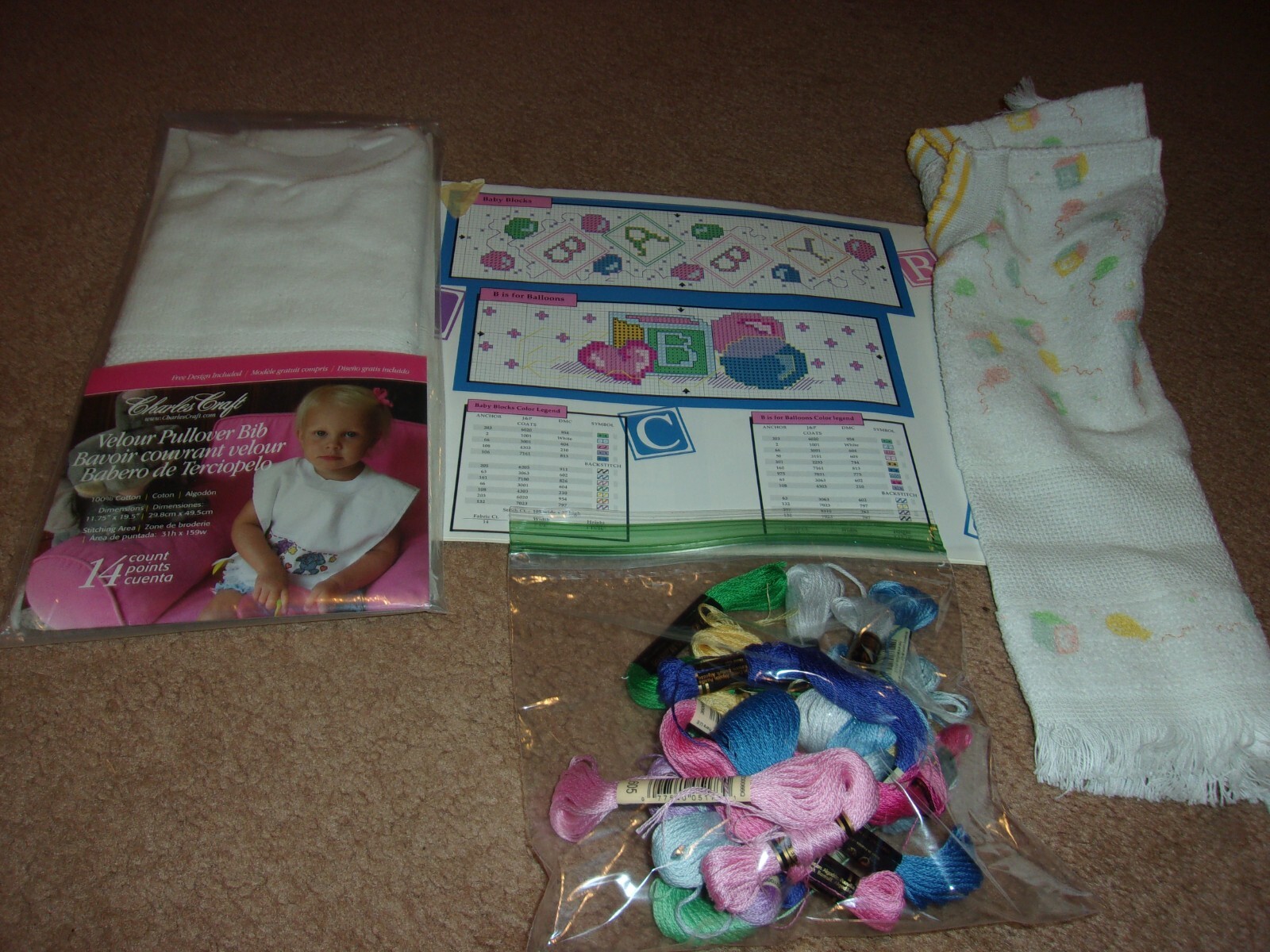 lot of 2 charles craft bibs 1 pattern and thread for counted cross ...