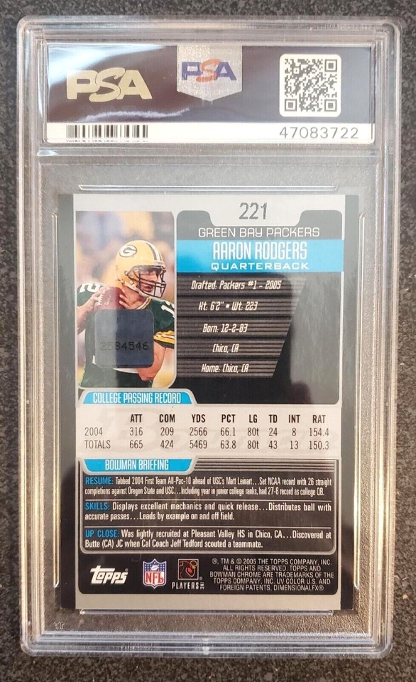 2005 Aaron Rodgers AUTO RC Bowman Chrome #102/199 PSA MINT 9 #221 clean ...