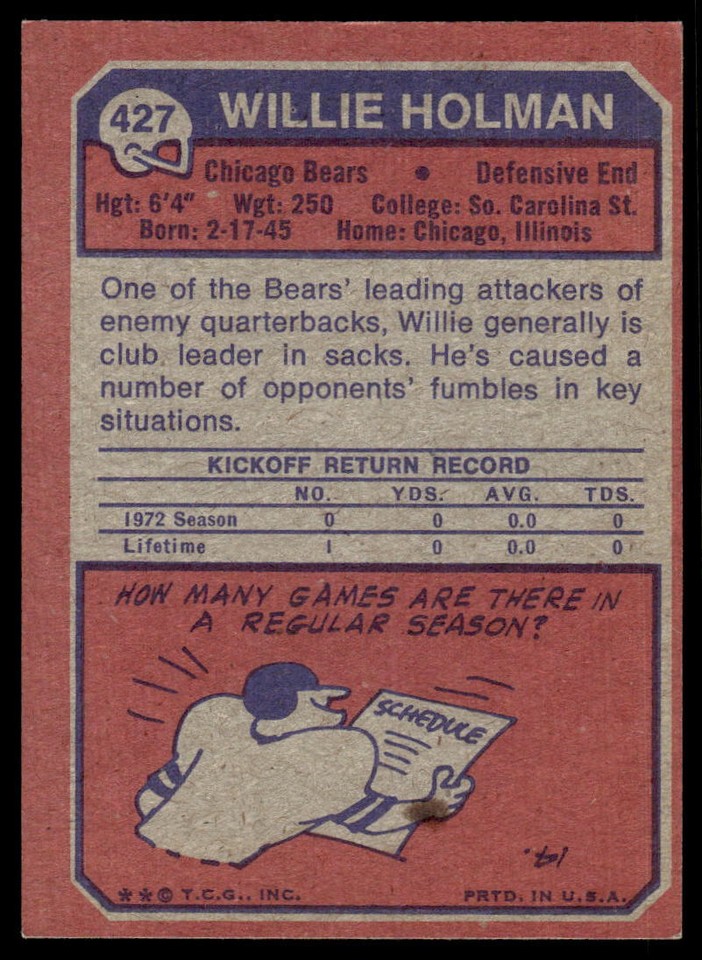 1973 Topps Willie Holman #427 Chicago Bears Football Card | eBay