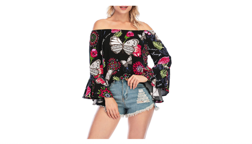 NEW Women's Off The Shoulder Butterfly Print Flare Sleeve Top | eBay