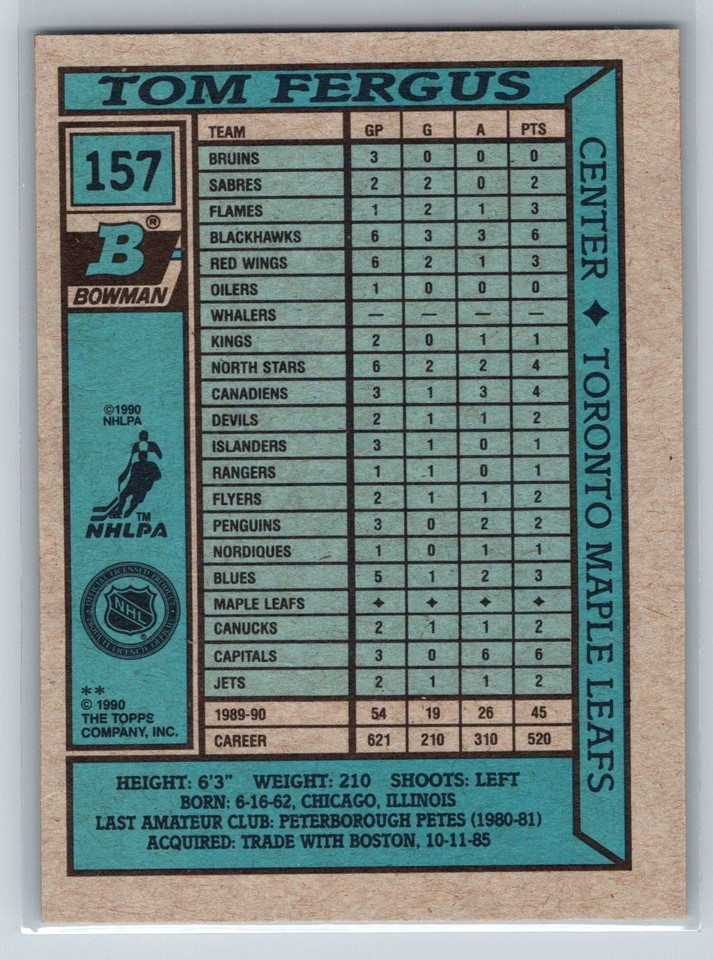 1990-91 Bowman Tom Fergus Toronto Maple Leafs #157 | eBay
