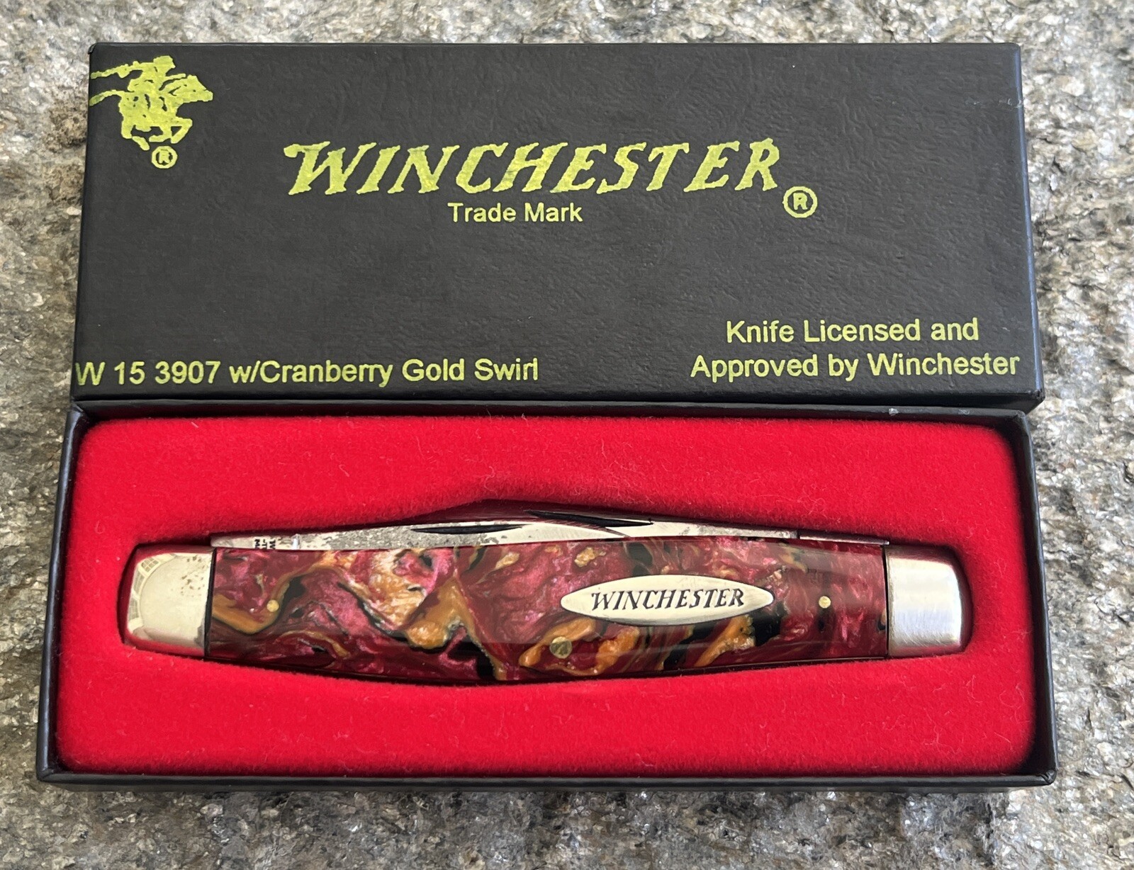WINCHESTER USA W15 3907 1993 3 BLADE 3 7/8" CRANBERRY GOLD SWIRL KNIFE ...