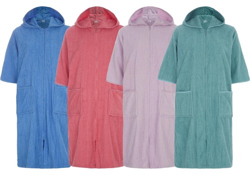 Hooded Zip Towelling Robe Ladies Terry Towel Dressing Gown 100% Cotton ...