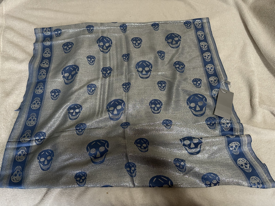 Alexander McQueen Double Face Skull Fringed Scarf Blue | eBay UK