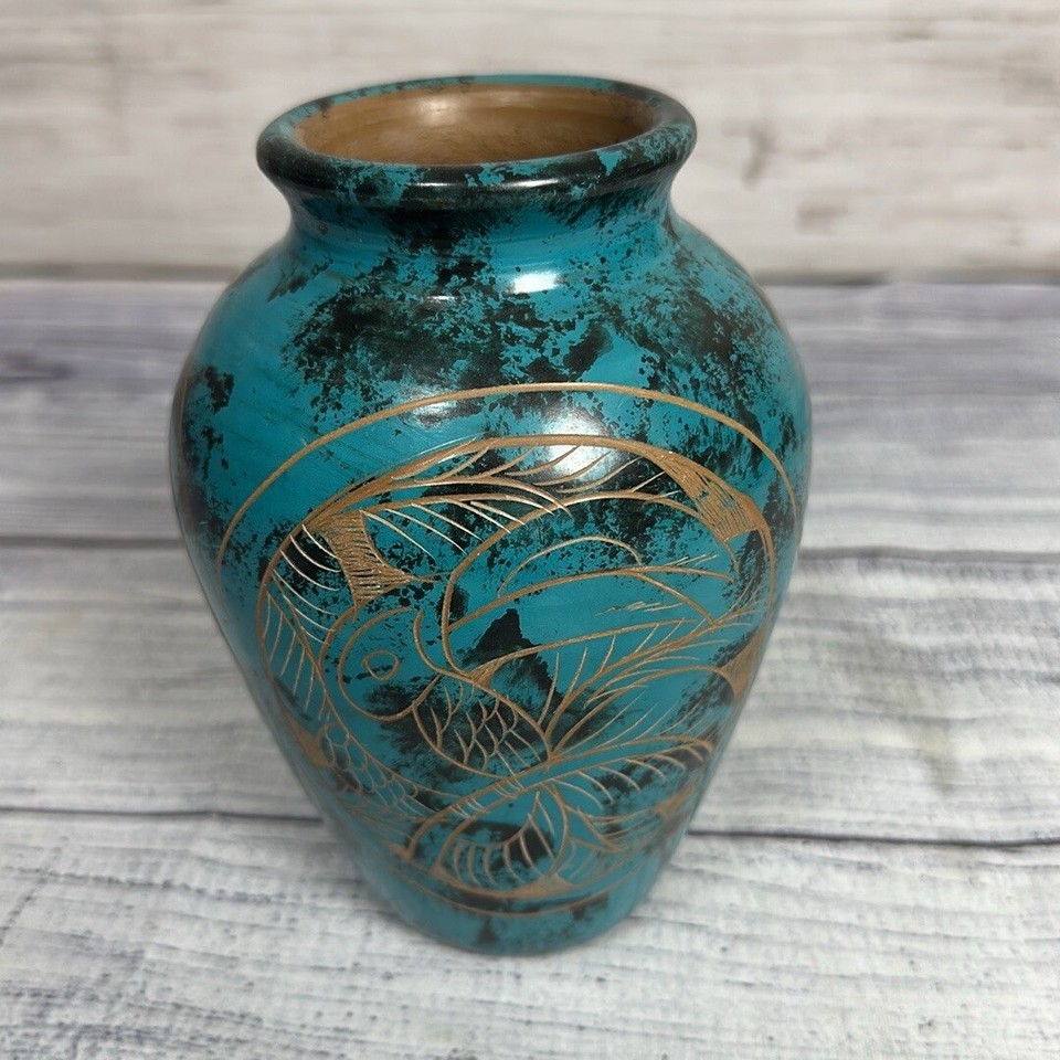 Vintage Hand Carved Blue Clay Pottery Small Mini Vase | eBay