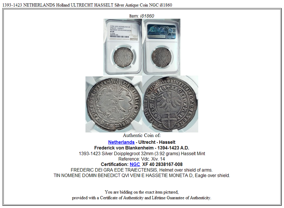 1393-1423 NETHERLANDS Holland UTRECHT HASSELT Silver Antique Coin NGC ...