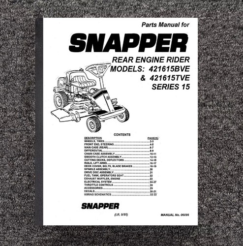 Service Parts Manual Fits Snapper Rear Engine Lawn Mower Series 15 TVE ...