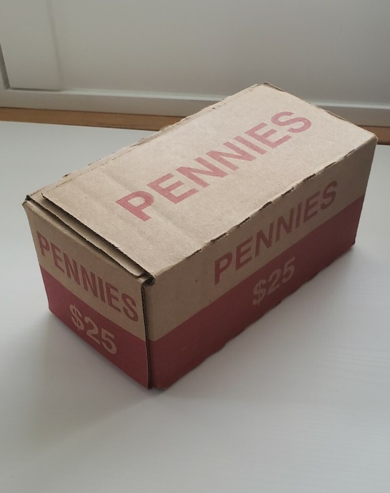 Bank Sealed 2500 Lincoln Cent Penny Box. Unsearched 50 Rolls Wheat, Unc ...