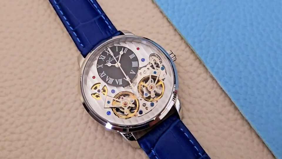 Mens Double Flywheel Automatic Mechanical Watch Silver Black Dial Blue ...
