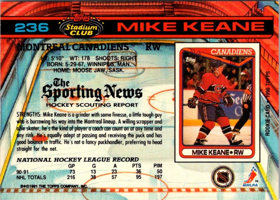 1991 Stadium Club Mike Keane #236 Montreal Canadiens Hockey Card | eBay UK