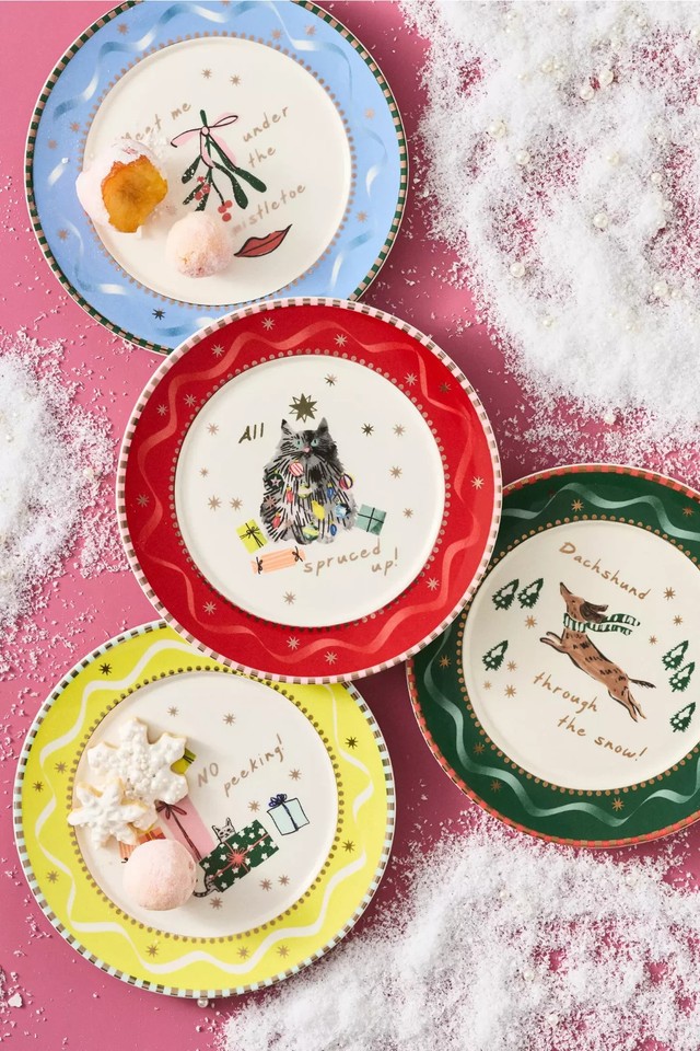NEW ANTHROPOLOGIE CAROLINE HOLIDAY CREATURE DESSERT PLATE Cat Presents ...