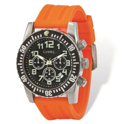 Chisel Men's Watch Quartz Chronograph Black Dial Orange Silicone Rubber ...