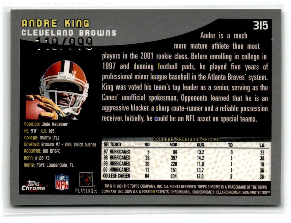 Andre King SN Cleveland Browns 2001 Topps Chrome Refractors #315 | eBay