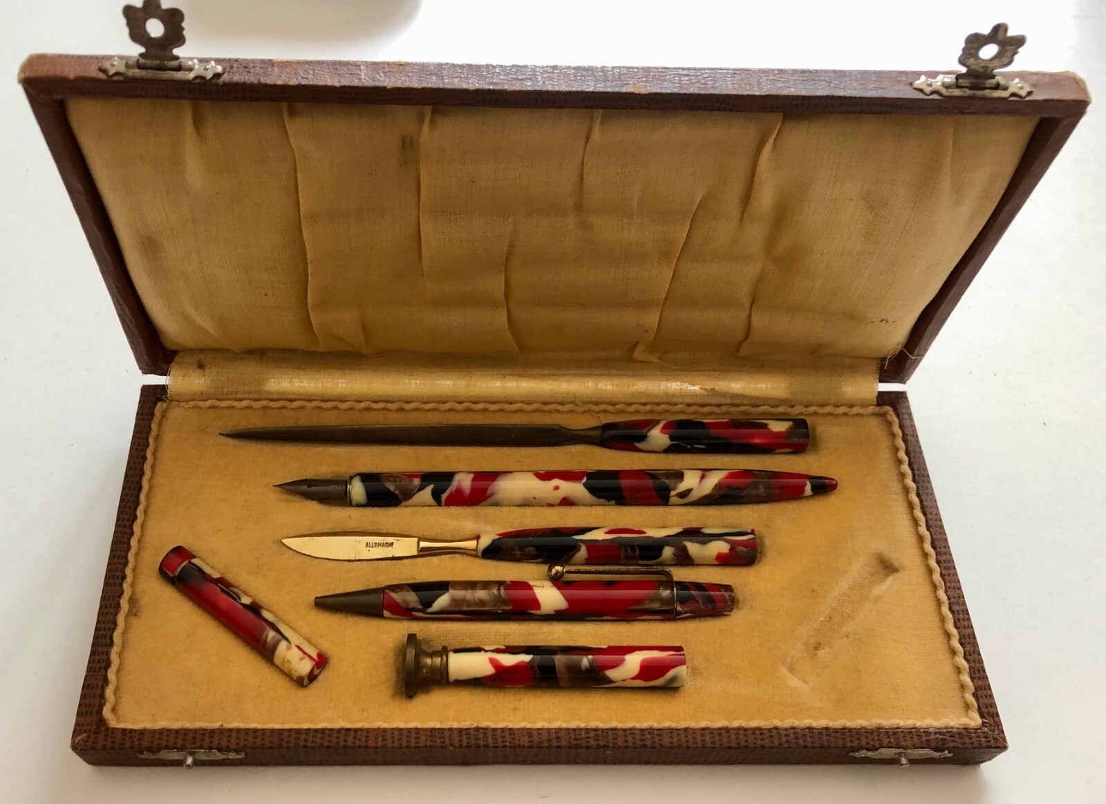 Boite de sceau à cacheter ancien - 5 pièces (1 manquante) dans étui d ...