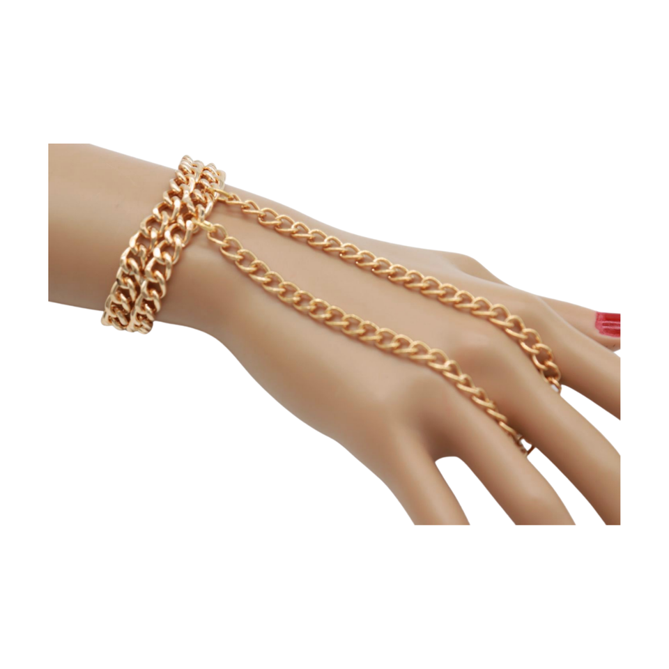 Women Gold Metal Chain 2 Rows Bracelet Connected Ring Day Night Stylish ...
