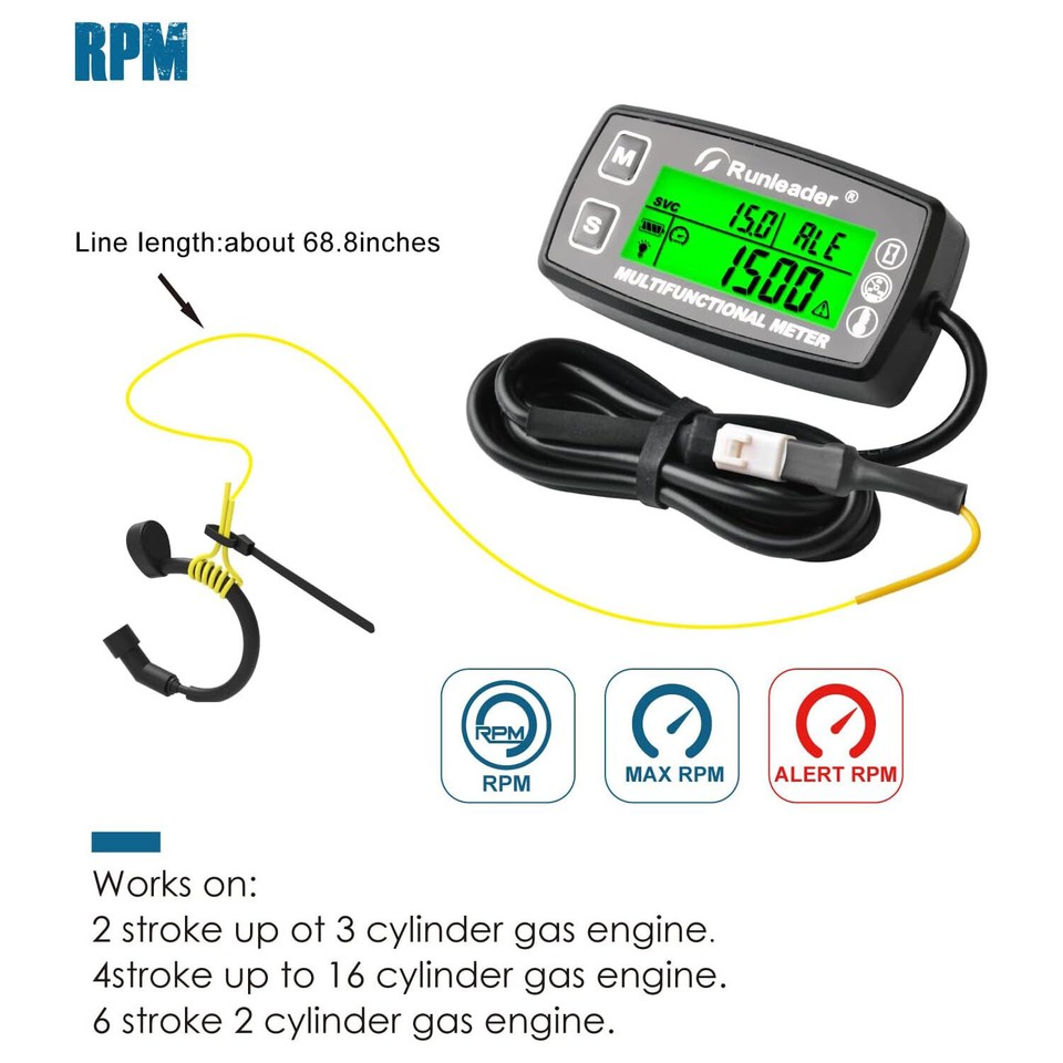 Digital Tach Hour Meter Engine Temp Gauge Alert RPM & Temp,Backlight ...