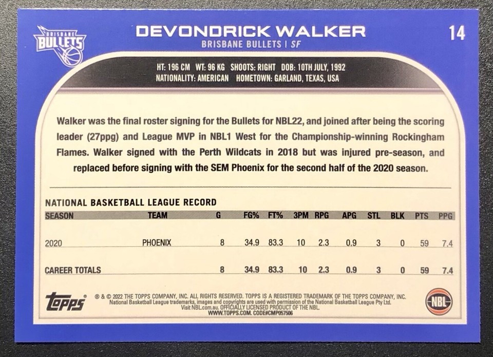 2022-23 Topps NBL National Basketball League - #14 Devondrick Walker ...