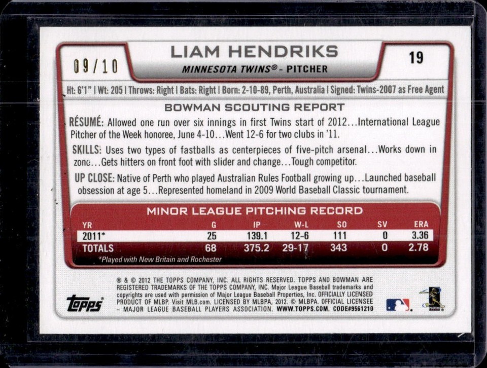 LIAM HENDRIKS ROOKIE #09/10 2012 BOWMAN BASEBALL CARD TWINS WHITE SOX ...